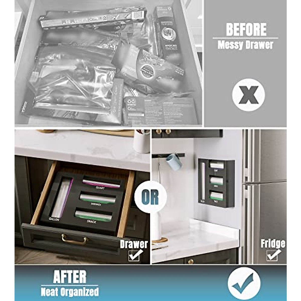 Neatsure Ziplock Bag Storage Organizer, Acrylic Magnetic Kitchen Dispenser for Drawer or Refrigerator, Plastic Bag Holder Compatible with Ziploc, Solimo, Glad, Hefty for Gallon, Quart, Sandwich, Snack & Variety Size Bags