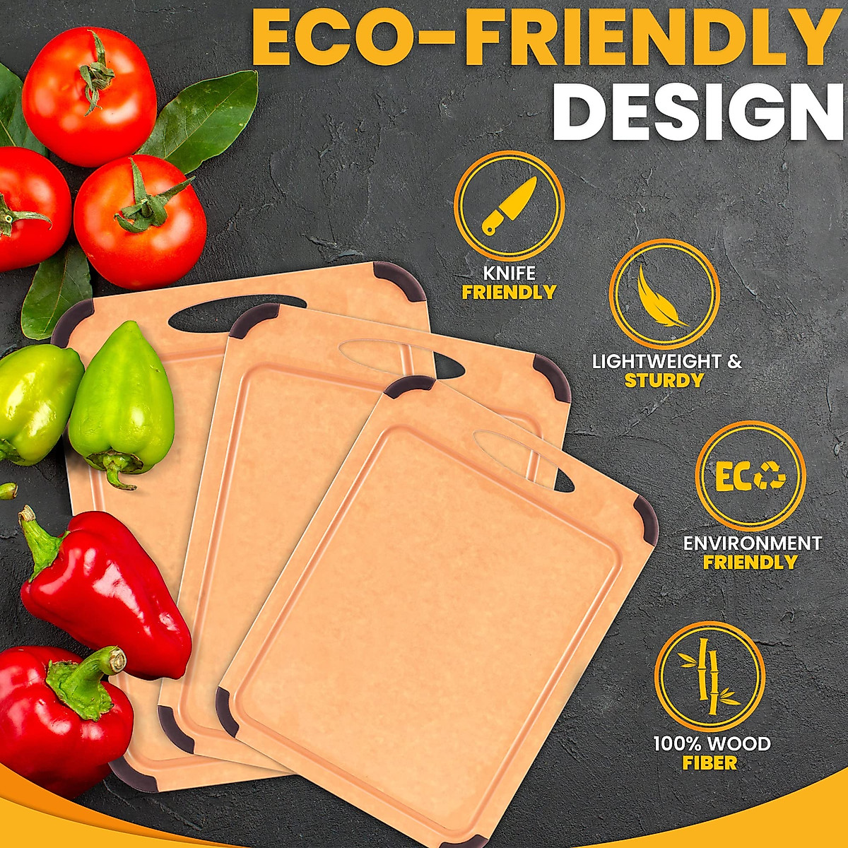 "Arco Design" Wood Fiber Cutting Boards | Extremely Durable | Non-Porous | Food and Dishwasher Safe | 100% Eco-Friendly (CSN Style | Set of 3 units (17.3" x 12.8" | 14.5" x 10.8" | 11.8" x 8.5"))