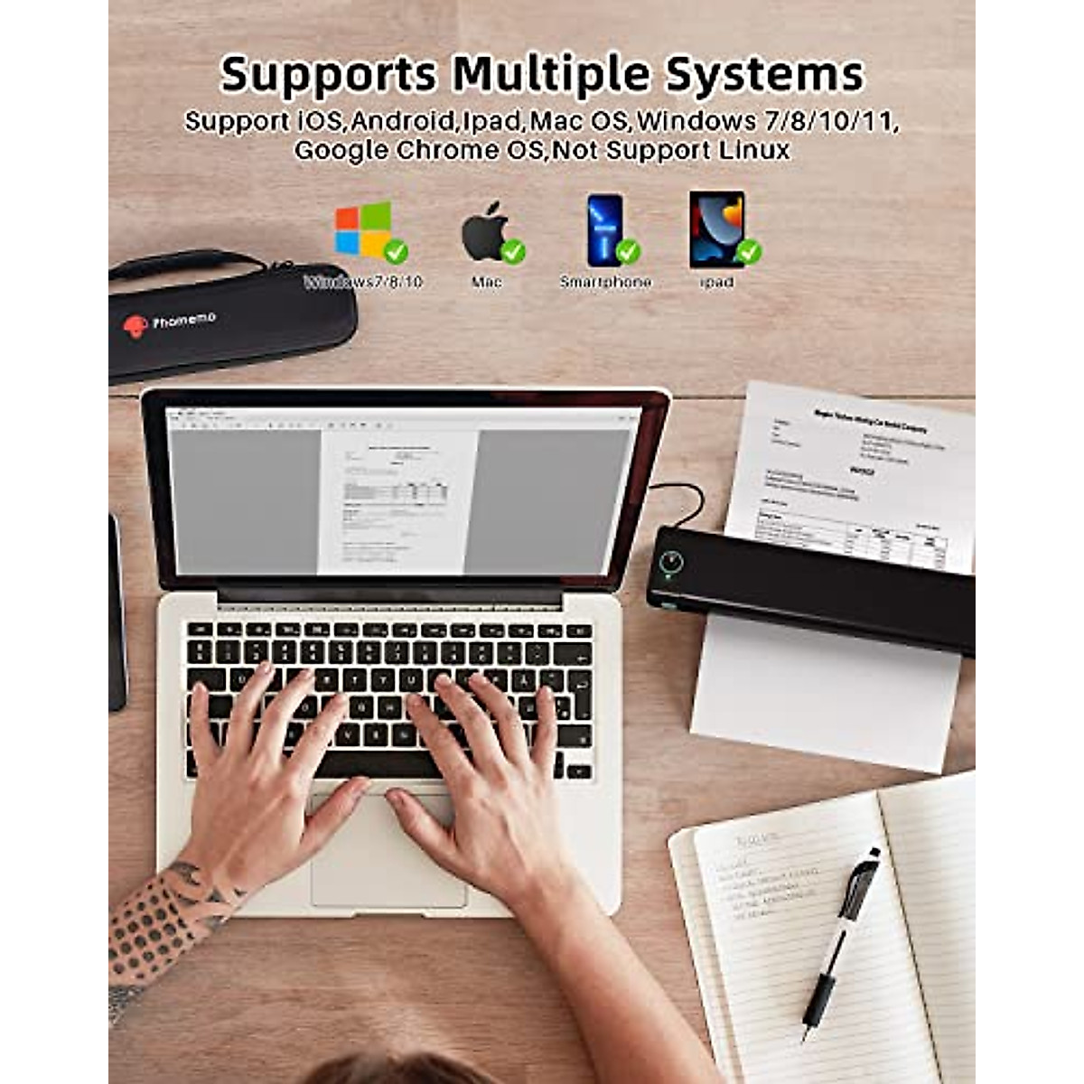 Phomemo Portable Printer - Portable Printer Wireless for Travel Compatible with iOS and Android & Laptop, Mini Bluetooth Mobile Printer Support 8.5" X 11" Letter Papers, Thermal Printer with 1 Case