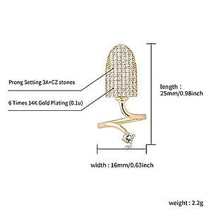 JINAO 14K 6 Times Gold Platinum Plated Full Bling Iced Out CZ Women Fashion Finger Nail Ring for women Unique Fingernail Protective Nail Cap Cover Ring (Gold)