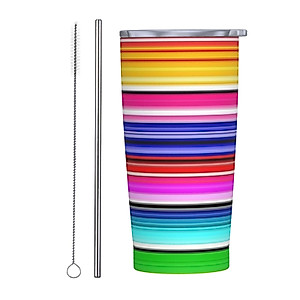 EVANEM 20 Oz Stainless Steel Tumbler With Straw Cleaner Colorful Mexican Stripes Printed Insulated Cup Travel Coffee Mug Vacuum Insulated Tumblers For Home Office