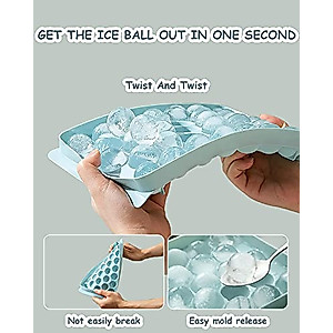EWRITN Ice Cube Tray, Round Ice Ball Maker for Freezer,Circle Ice Trays Making 99pcs with Sphere Ice Balls Chilling Drinks （3Pack Blue Trays, 3 Steel Metal Straws,1 Ice Bucket Scoop & Tong）