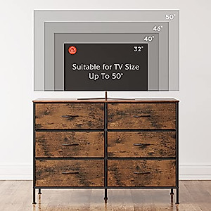 WLIVE Wide Dresser with 6 Drawers, TV Stand for 50" TV, Entertainment Center with Metal Frame, Wooden Top, Fabric Storage Dresser for Bedroom, Hallway, Entryway, Rustic Brown Wood Grain Print