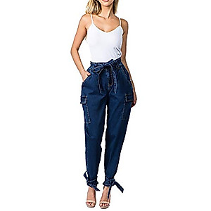 Twiin Sisters Women's Fashion Casual Stretch High Waist Denim Jeans Jogger Pants with Ankle Tie for Women - Small, Dark Blue