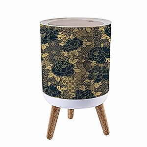 IBPNKFAZ89 Small Trash Can with Lid Japanese Peony Flowers with Traditional Fabric Patchwork Abstract Garbage Bin Wood Waste Bin Press Cover Round Wastebasket for Bathroom Bedroom Office Kitchen