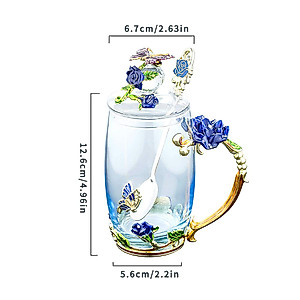Glass Tea Cup Coffee Mug, Handicraft 3D Vintage Flower Cup with Lid Coaster and Tea Spoon, Unique Butterfly and Blue Rose Enamel Design, Best Gift Decoration (350ml, 11.84 oz)