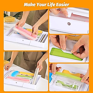 CiWiVOKi Expandable Storage Bag Organizer for Kitchen Drawer, 6 in 1 Foil and Plastic Wrap Dispenser with Cutter, Plastic Organization and Storage for Sandwich Gallon Quart Snack Bags, 3.2"High, White