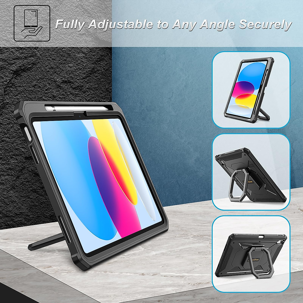 Fintie Case for iPad 10th Generation 10.9 Inch 2022 - [Tuatara Magic Ring] 360 Degree Rotating Grip Stand Shockproof Rugged Cover with Screen Protector and Pencil Holder, Black