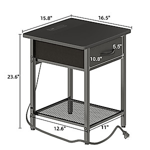 GYIIYUO Nightstands Set of 2 with Charging Station and Fabric Storage Drawer,16.5" x 15.8" Side Table with Storage for Bedroom, Bedside Tables with Steel Fram, Black