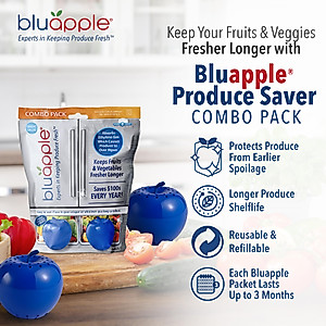 Bluapple Produce Saver Combo Pack - Keeps Fruits & Veggies Fresh in Refrigerator Crisper/Shelves, Lasts up to 3 Months, 8 Packets and 2 Bluapples for 1 Year, BPA Free Ethylene Gas Absorber, USA Made