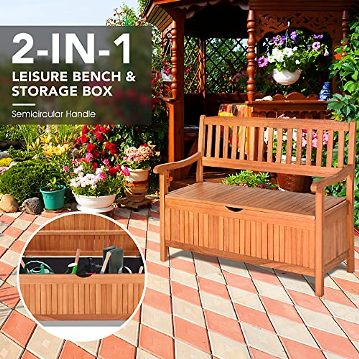 HAPPYGRILL Outdoor Storage Bench Wooden Deck Box with Removable Dustproof Liner, 33 Gal Wood Storage Loveseat Seating Furniture for Courtyard Garden Poolside