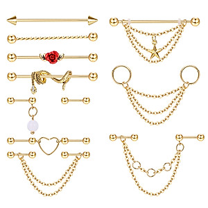 Sanfenly Industrial Piercing Jewelry 14G 16G Stainless Steel Industrial Earrings with Chain Dangle Industrial Piercing Bar Double Cartilage Helix Piercing Earrings Industrial Barbell for Women Men