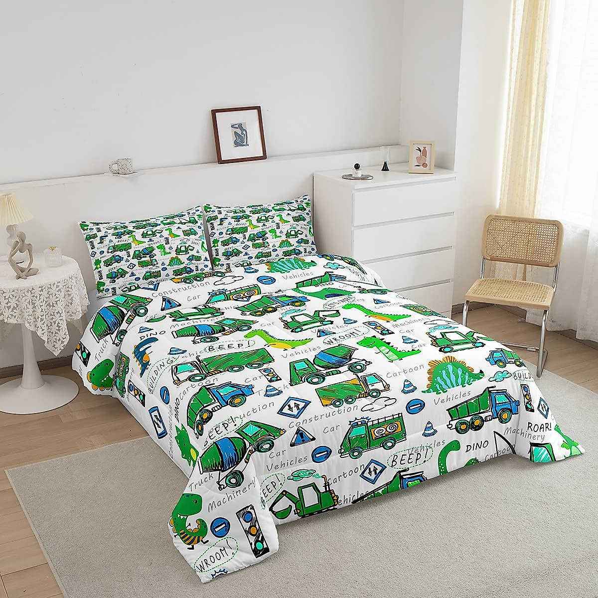 Construction Bedding Set Full Boys Cute Dinosaur Trucks Comforter Set Boys Girls Cartoon Equipment Truck Excavator Decor Comforter Dinosaurs Machinery Cars Quilt Set Green Dino Bedroom Duvet Set