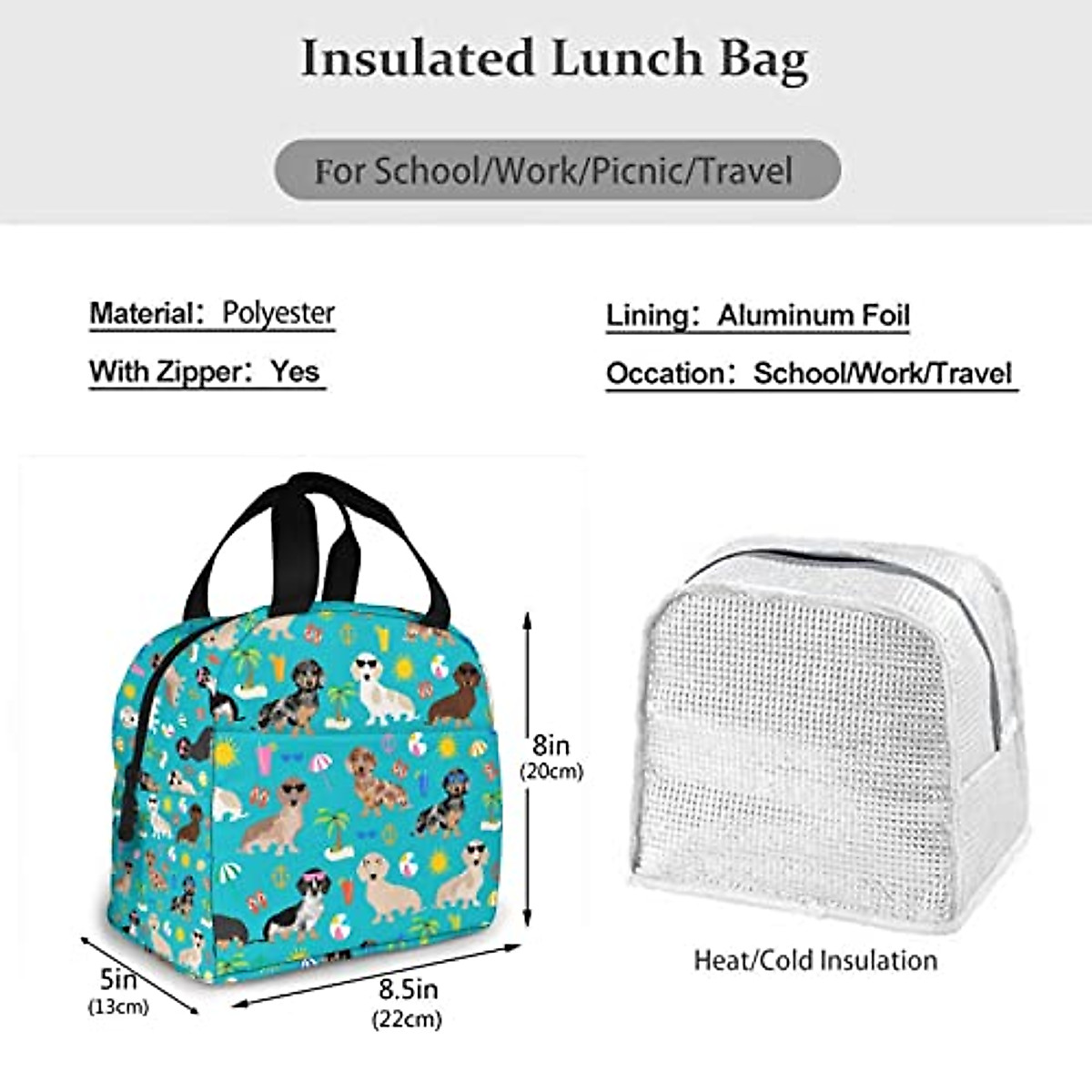 PATNPRT Dachshund Dog Lunch Bag Insulated Lunch Box with Front Pocket Reusable Tote Bag For Office Work Picnic Travel Shopping