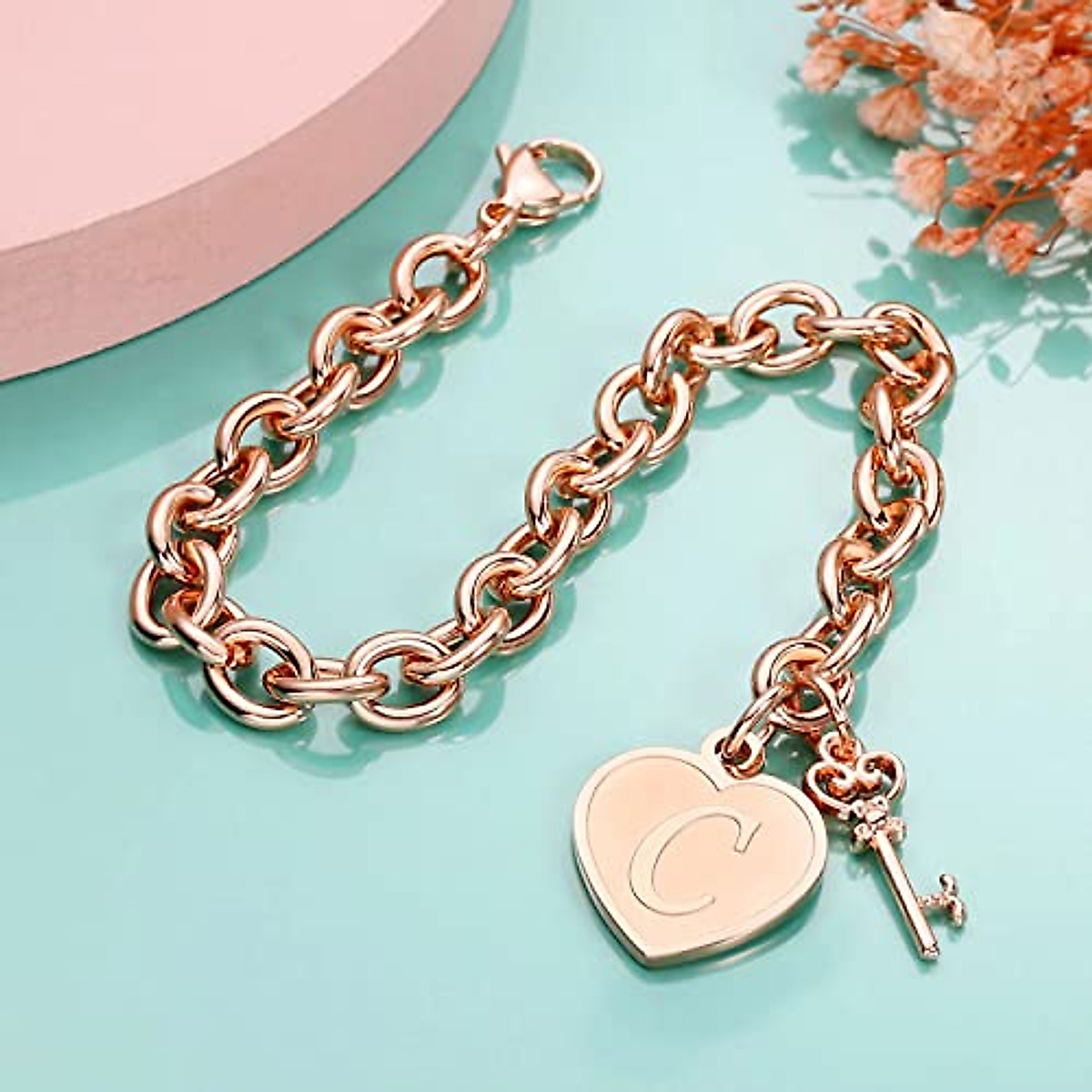 M MOOHAM Charm Bracelets for Women Girls, Rose Gold Letter C Initial Charm Bracelet Mothers Day Valentines Gifts for Women Jewelry, Bridesmaid Proposal Gifts for Wedding