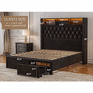 CIKUNASI Upholstered Queen Size Bed Frame with Headboard and Storage, 60“Tall Bed Frame with 2 Drawers, Tufted Wingback Bed Frame Queen Size LED Light, Charging Station, No Box Spring Needed
