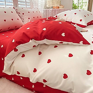Red Love Heart Duvet Cover Queen for Girls Kids Women Reversible Red White Bedding Collection Bedclothes, Cute Heart Design Comforter Cover for Bedroom, Soft Microfiber, No Bed Sheet,King