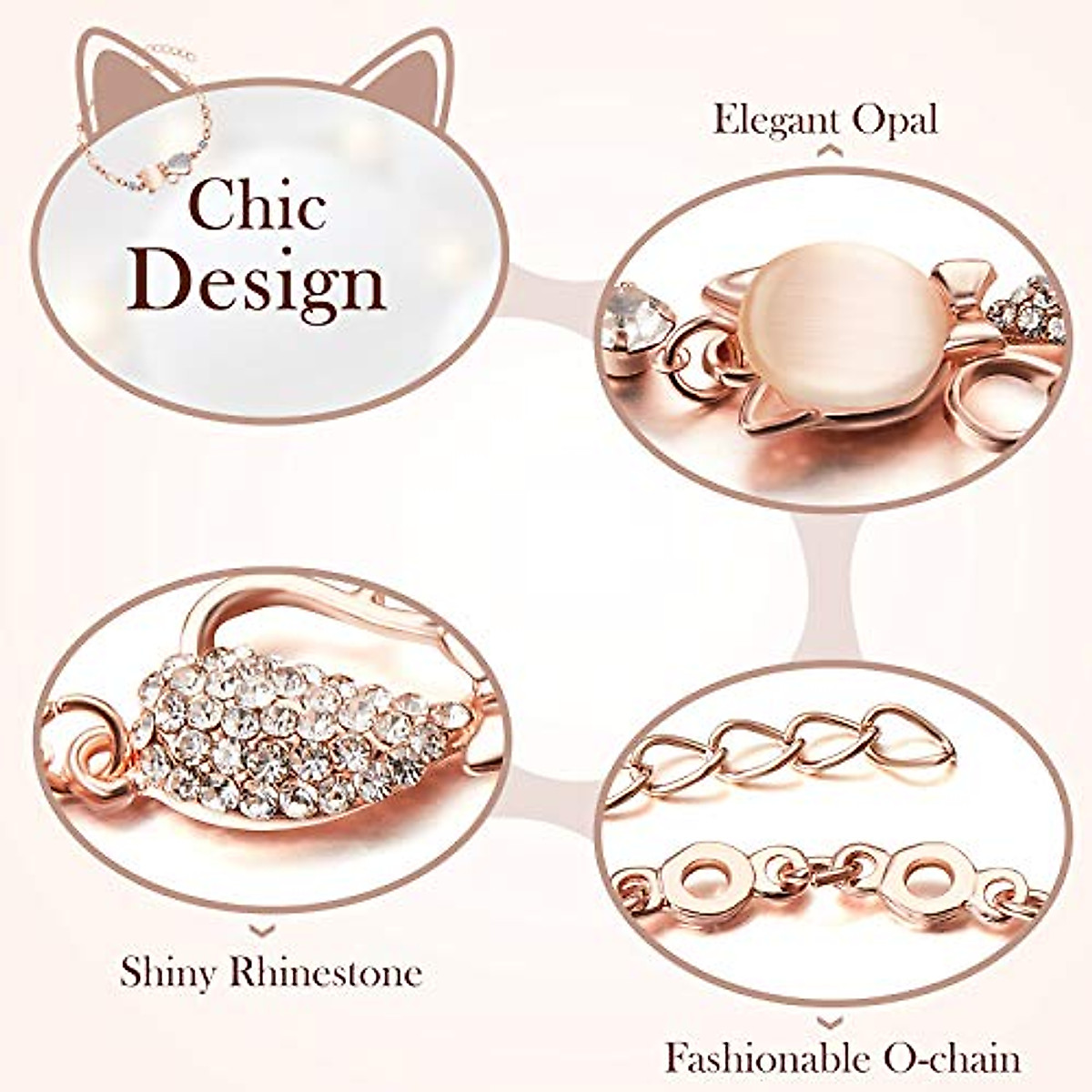 Hicarer 3 Pieces Cat Jewelry Set Cat Necklace Cat Bracelet Earring Pink Opal Pendant for Women Christmas Gift