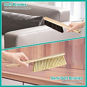Boocalny 4 Pieces Hand Broom Brush, Wooden Dust Brush, Hand Broom Bench Brush with Hanger, Soft Bristle Cleaning Brush for Counter Bed Sofa Car Fireplace Clothes Household Cleaning (Brown, Khaki)