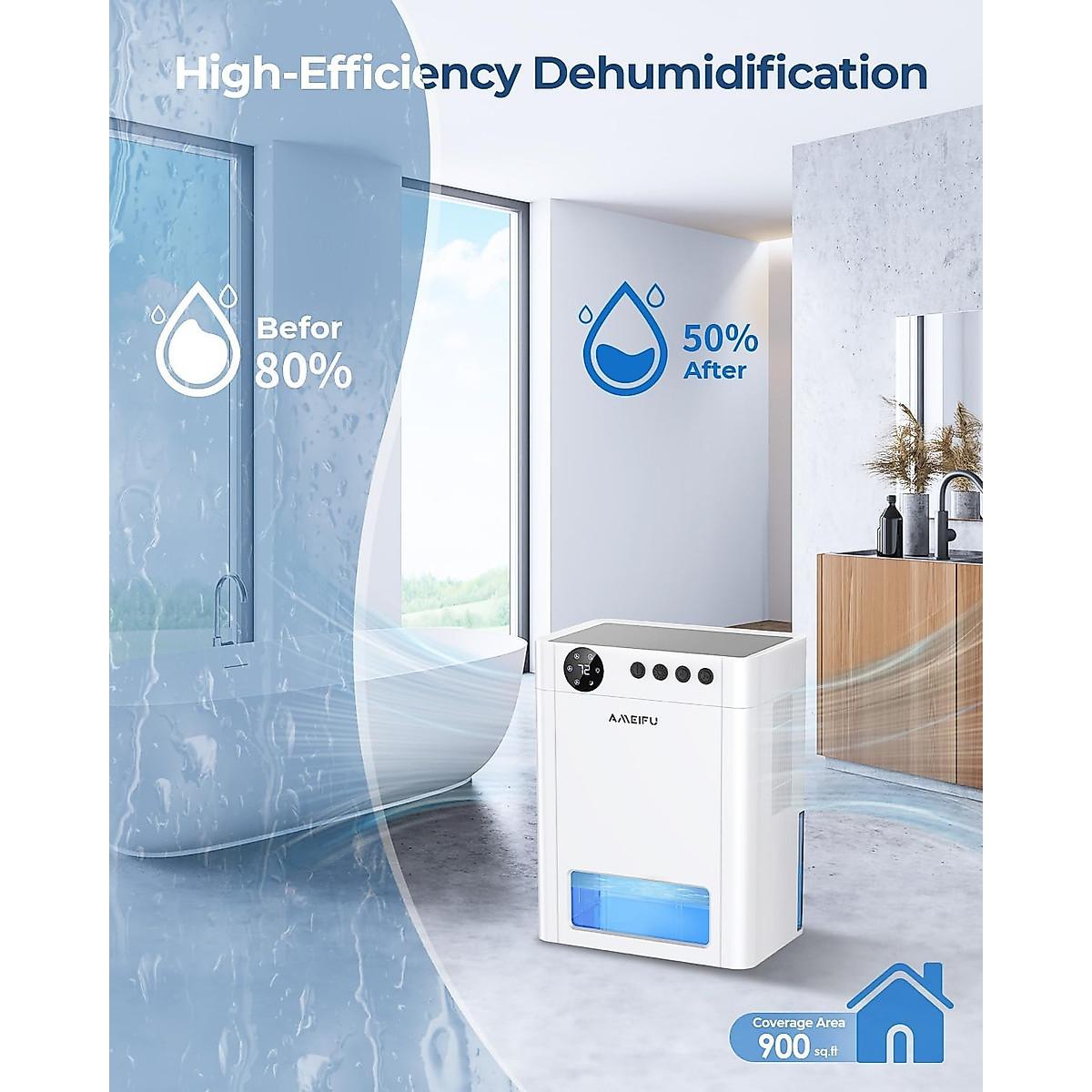 Dehumidifier, AMEIFU Dehumidifier for Basement, 135 OZ Water Tank, (900 sq.ft) Quiet Dehumidifier for Home Bedroom Bathroom RV Closet with Auto Shut Off, Sleep Mode, 7 Colors LED Light, White