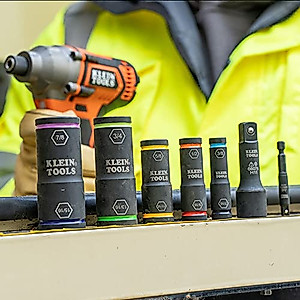 Klein Tools 66070 Impact Socket Set, Impact Driver Flip Socket, Five Sockets with 1/4-Inch Hex and 1/2-Inch Square Socket Adapters, 7-Piece