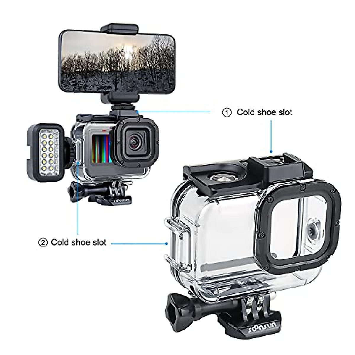 SOONSUN Waterproof Case for GoPro Hero 11 Black/Hero 10 Black/Hero 9 Black, 60M Underwater Protective Dive Housing Case with Cold Shoe Mount Adapter for GoPro Hero 11 10 9 Black Action Camera