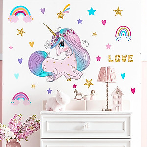 Lovely Pink Unicorn Rainbow Stars Wall Stickers, sacinora Cute Animal DIY Wall Decals Removable Vinyl Peel and Stick for Nursery Kids Baby Living Room Children's Room Bedroom Art Decoration