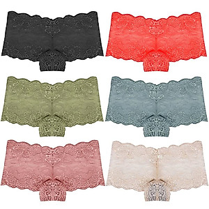 RUNYA Womens Lace Boyshort Panties Underwear Briefs, Pack of 6 (6 colors, Medium)