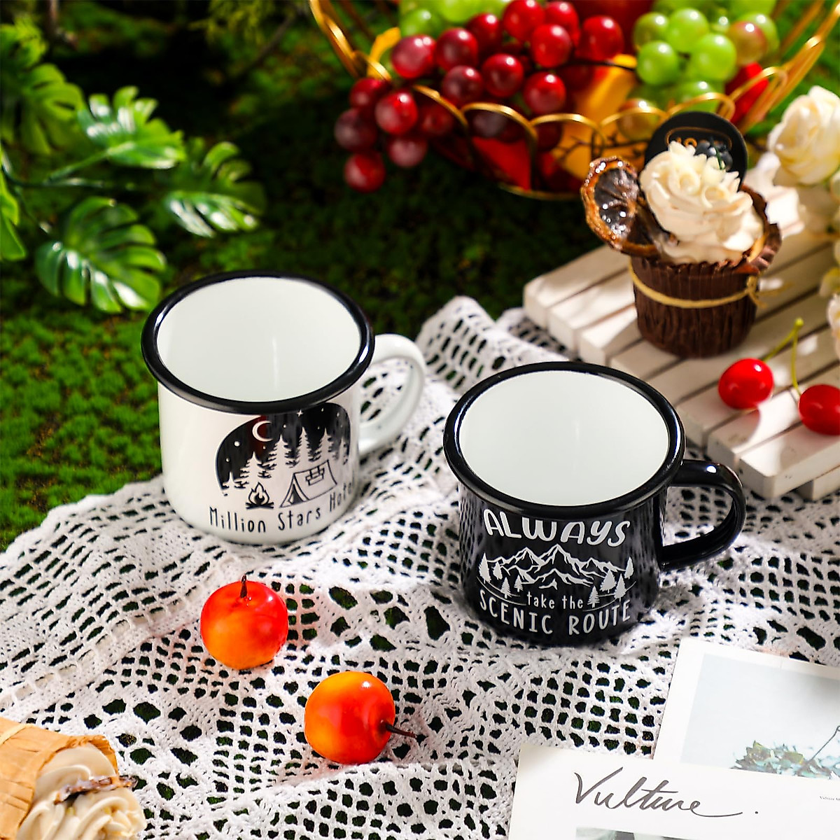 Mumufy 9 Pcs Enamel Camping Coffee Mugs 12 oz Happy Campers Campfire Tea Cups Black White Travel Drinking Mugs with Handle Vintage Tea Cups for Coffee, Tea, Milk Travel Mug Camping Lover Holiday Gifts