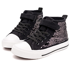 Toandon Girls Kids Canvas Shoes Sneakers for Toddler Boys Color Change Flipping Sequins Glitter Sparkle Slip On High Top Adjustable Hook Loop Straps Velcro Non-Slip Lightweight walking black size 9
