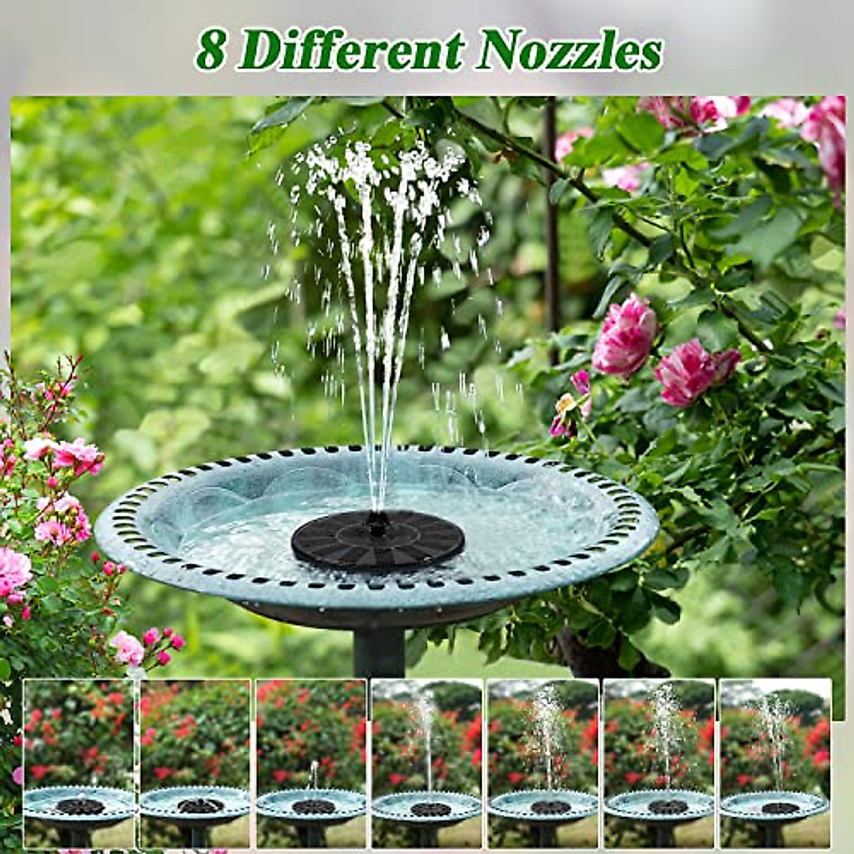 ZOLOCHEL Solar Fountain 100% Glass Covered, Solar Powered Hummingbird Water Fountain, Outdoor Bird Bath Fountain Pump with 8 Nozzles & 4 Fixers for Garden, Pond, Pool, Fish Tank Decoration