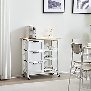White Rolling Kitchen Island with Storage,Drawer Storage Islands &Carts Mobile Storage Islands,Portable Kitchen Cart Cabinets Rolling Kitchen Island Table on Wheels with Storage Cabinet 76 x 37x 84CM