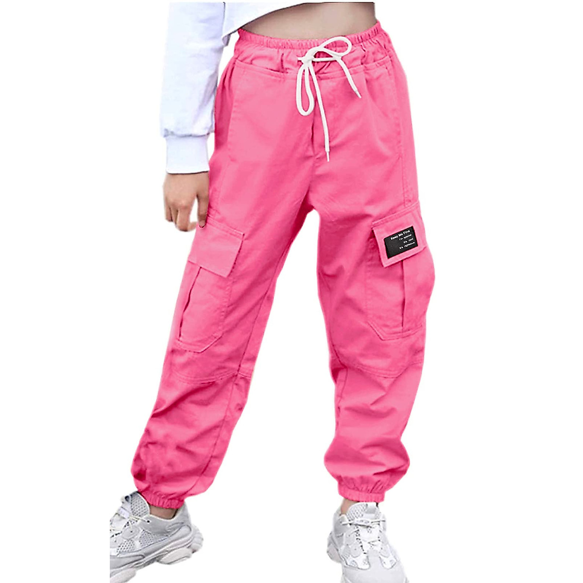 AOWKULAE Women Cargo Pants, Tapered Joggers Drawstring Elastic Waist Loose Pants with Pockets for Women, Rose Pink, Size US Medium