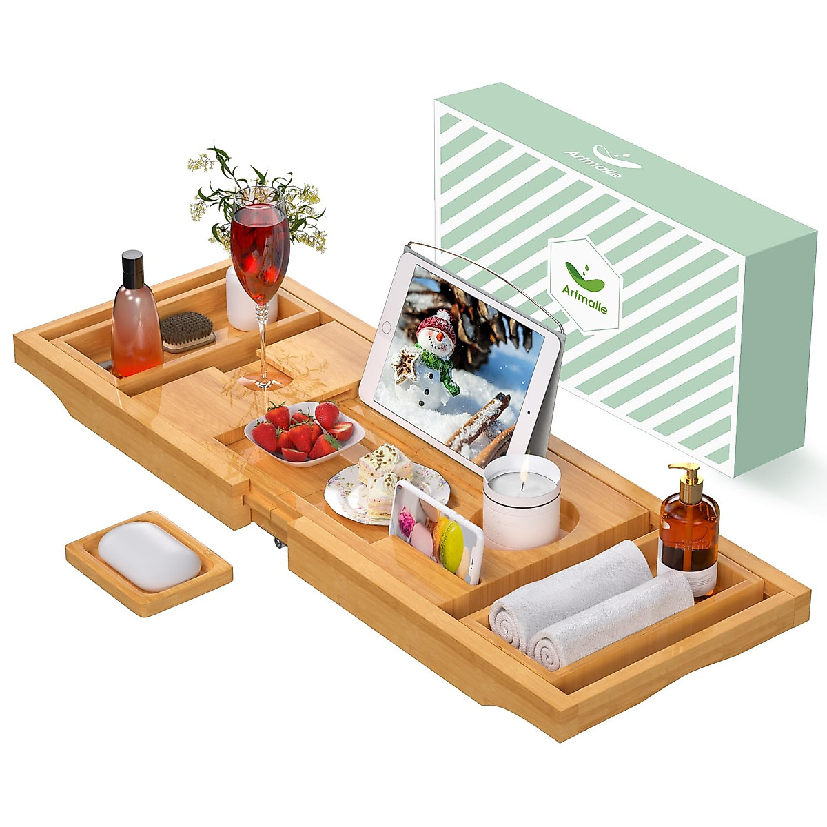 Artmalle Bathtub Caddy Tray for Tub,Foldable Bamboo Bath Table Tray with Book and Wine Glass Holder, Free Soap Dish Suitable for Luxury Spa or Reading,Natural