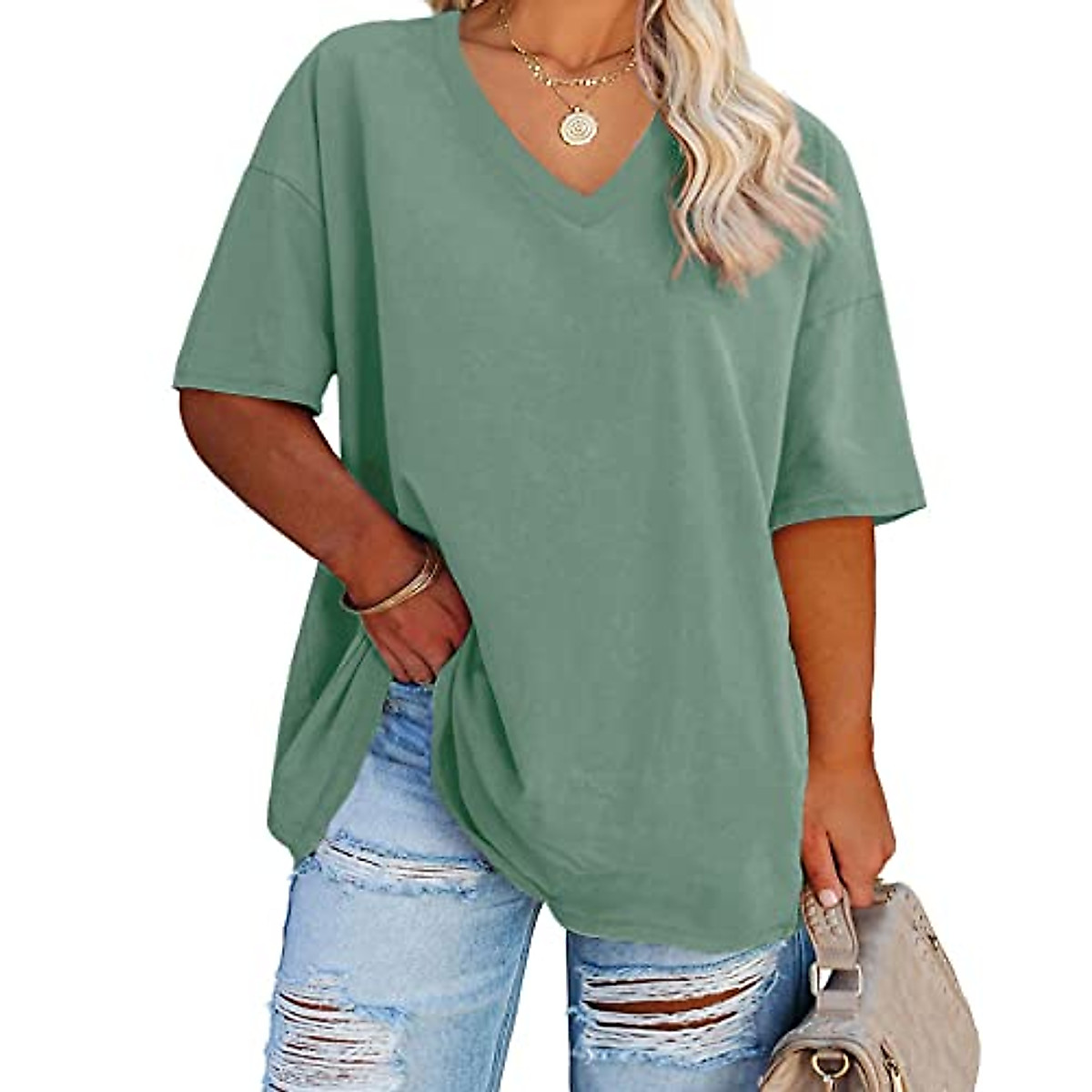 Fisoew Women's Plus Size V Neck T Shirts Summer Half Sleeve Oversized Tees Casual Loose Fit Tunic Tops Green