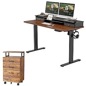 FEZIBO Electric Standing Desk with Glass Top Monitor Stand, 55 x 26 Inch with File Cabinet
