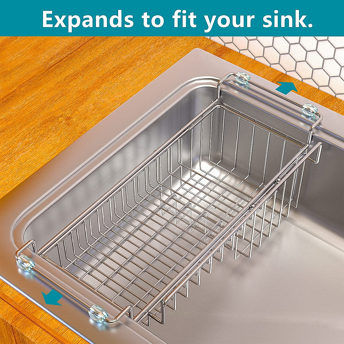 FavoThings Over The Kitchen Sink Caddy Sponge Holder Organizer Drying Rack Expandable for Sponge Brush Soap Dish Cloth Rag 14.5" to 22", Stainless Steel