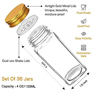 36 Pack Spice Jars with Label, 4 Oz Glass Clear Seasoning Jars, Square Spice Bottles with Shaker Lids and Airtight Metal Caps, Chalk Marker and Collapsible Funnel