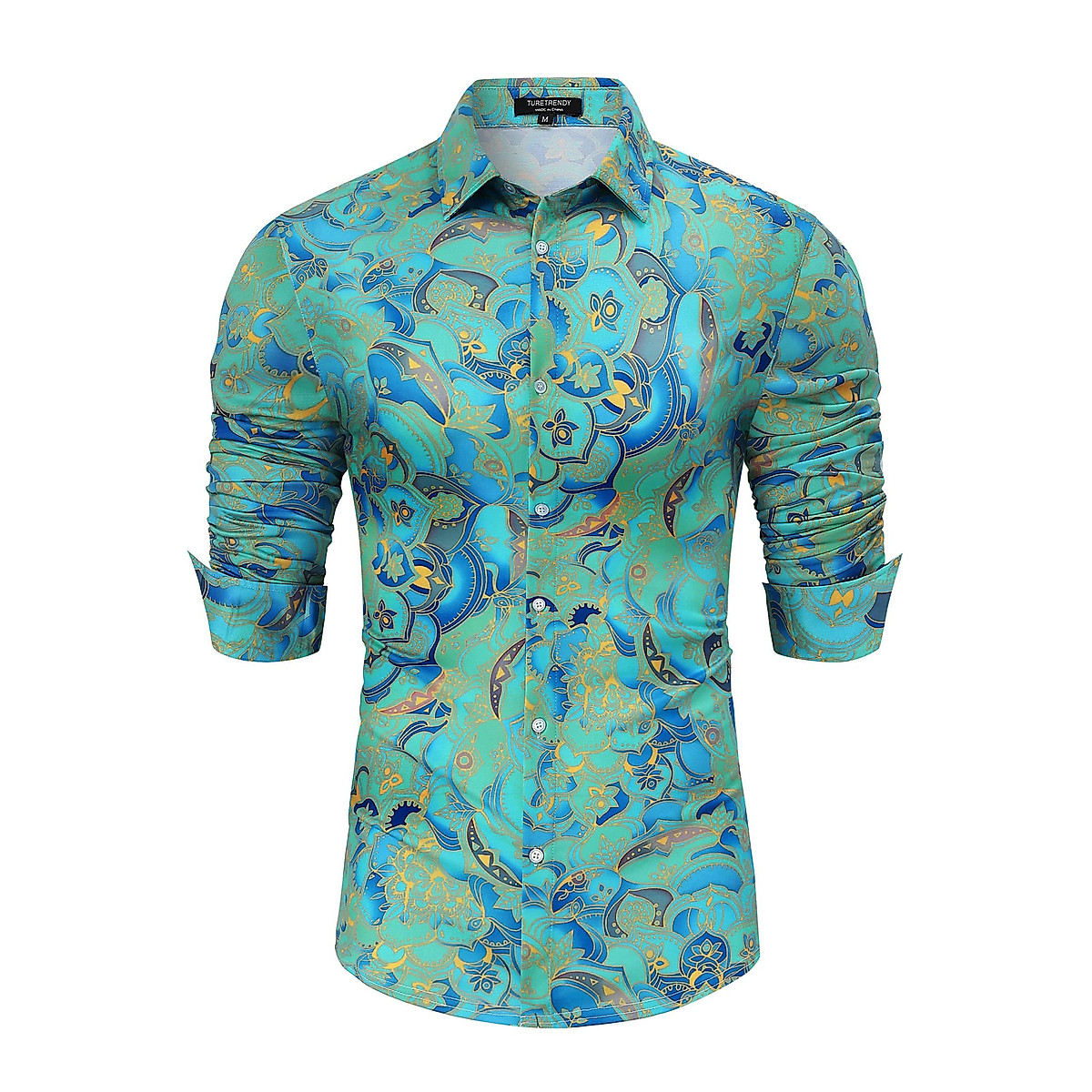 TURETRENDY Men's Paisley Floral Dress Shirt Long Sleeve Slim Fit Button Down Shirts for Prom Wedding Party, Blue Green L