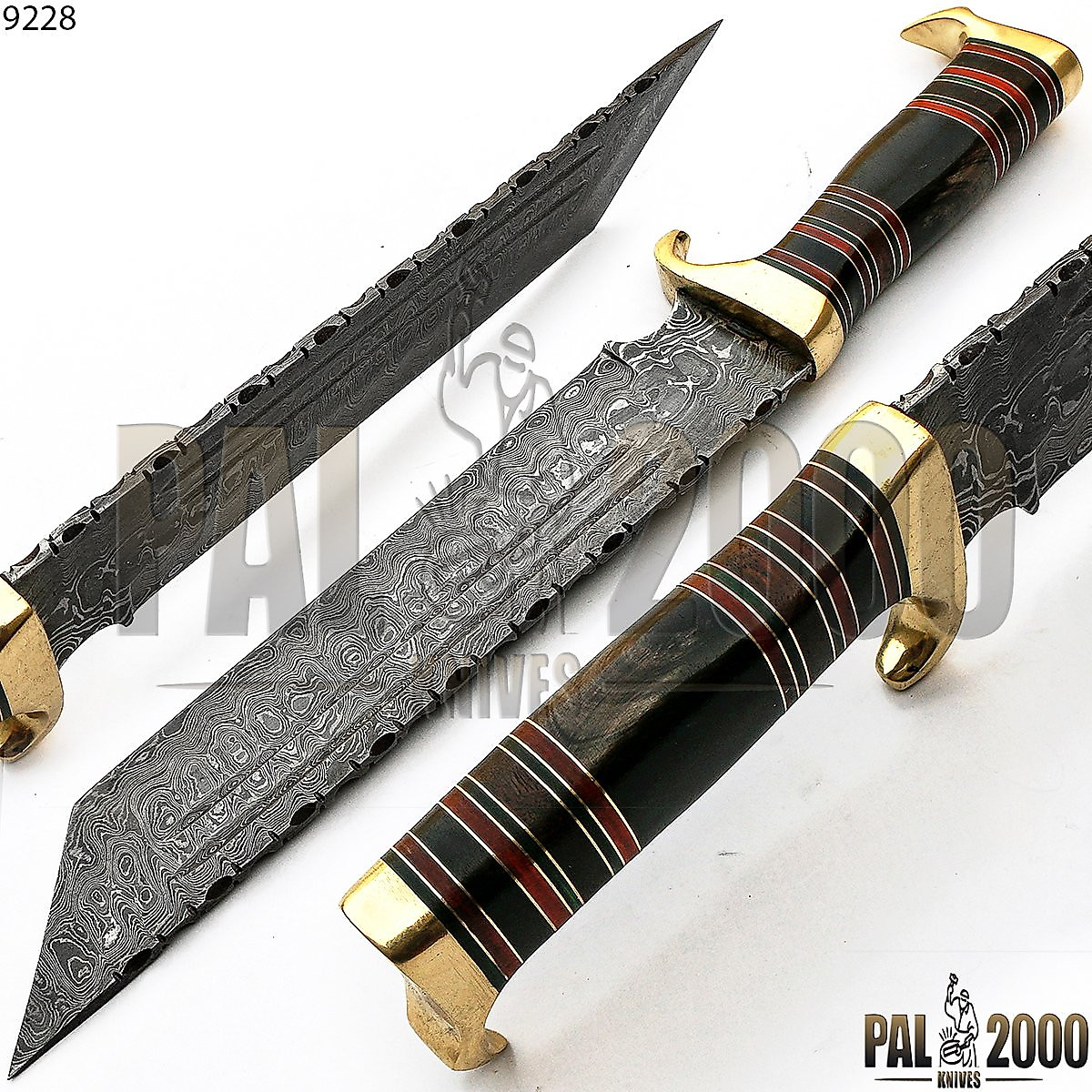 HTK-9228 Custom Handmade Damascus Steel Hunting Tanto Knife 15 Inches Buffalo Horn Handle Ladder pattern Blade with sheath