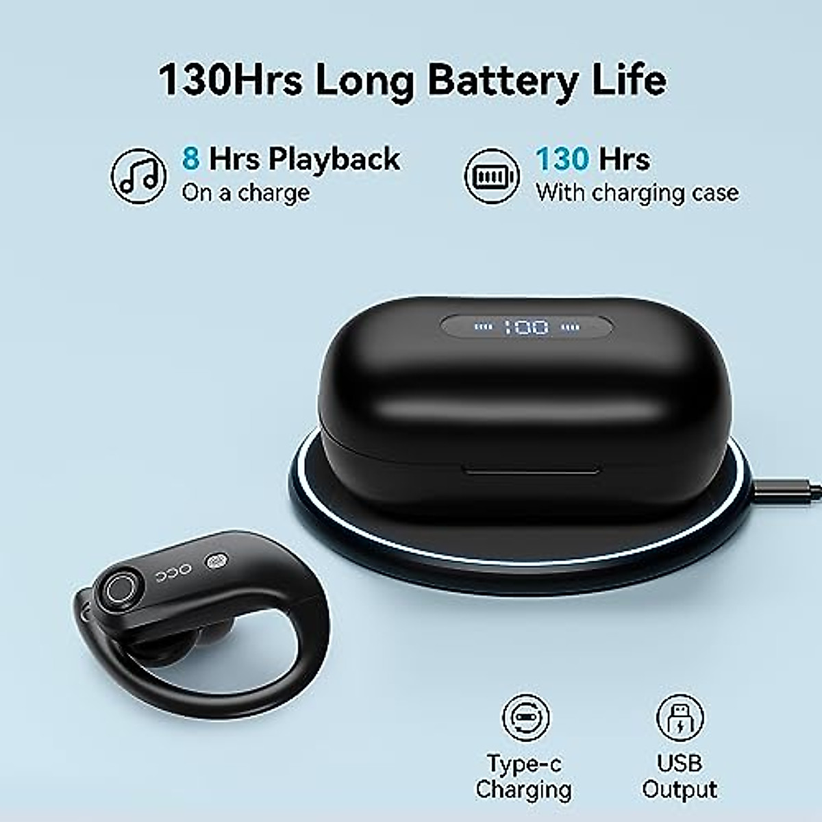 Wireless Earbuds Bluetooth Headphones 130H Playback 4-Mic HD Call IP7 Waterproof Ear Buds in Ear Sport LED Display Earphones with Earhooks for Running Workout Gym Phone Laptop TV Computer (Black)