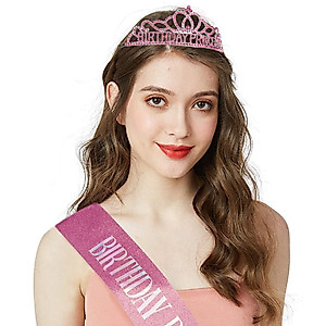 CIEHER Pink Princess Birthday Crown and Birthday Sash Set, Birthday Girl Crown Birthday Tiara for Women Birthday Decorations for Girls Rhinestone Princess Party Decorations Birthday Gifts