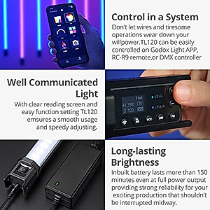 Godox TL120 Full-Color RGB Tube Light, CRI 96 TLCI 98, Color Temper 2700K~6500K, 0-100% Dimmable, 39 FX Effects, 2600mAh Built-in Lithium Battery, Smartphone APP, DMX Control (1PCS)