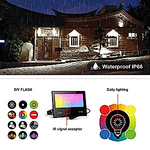 LED Flood Light RGBW Color Changing Lights Cool White Outdoor Smart Floodlights 40W, Dimmable by Remote Control, IP66 Waterproof Landscape Lighting Garden LED Wall Wash Lights 2 Pack