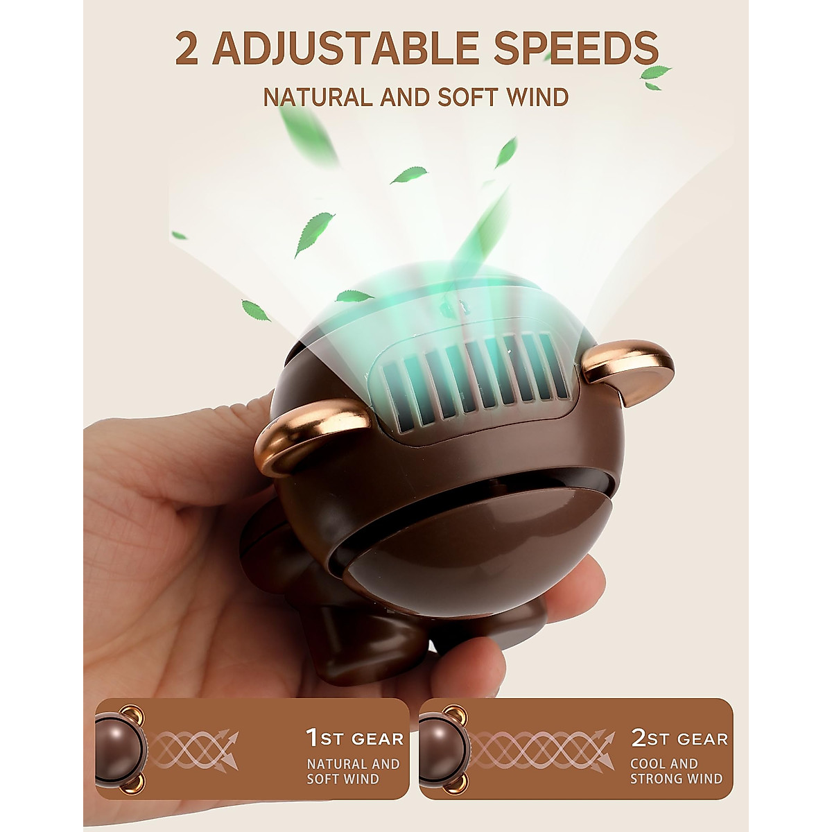 wegte Bear Fan, Portable Neck Fan, Cute Handheld Fan, Rechargeable Battery Powered Fan, 2 Speed Wind, Bladeless Design, Exquisite Appearance, Gift for Kids Girls Women, Brown