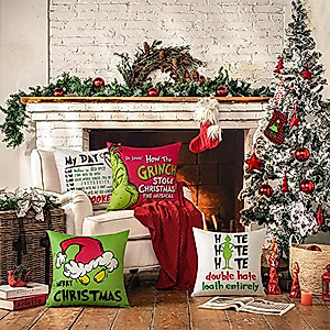 Christmas Pillow Covers 18x18 Set of 4 for Christmas Decorations,Grinch Christmas Decorations Throw Pillow Covers Merry Christmas Grinch Pillow Cases Christmas Pillows for Sofa Couch Indoor Outdoor