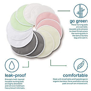 Enovoe Organic Bamboo Nursing Pads with Laundry Bag - Washable, Reusable, and Hypoallergenic Breastfeeding Pads for Ultimate Protection - Contoured, Thin, and Super Soft - Multi Color - Pack of 12
