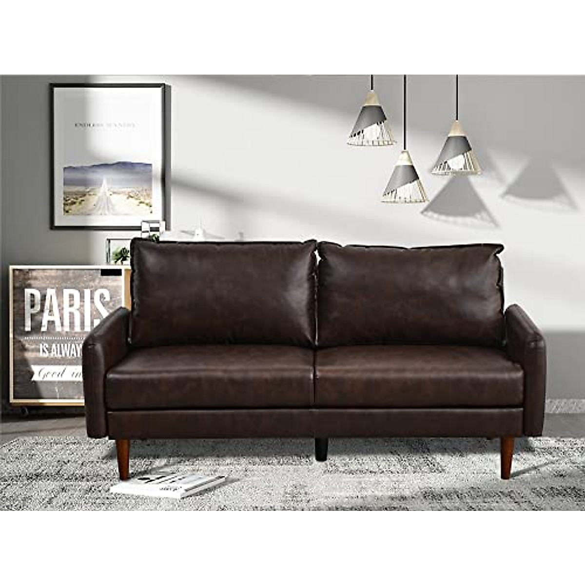 INSTORY Leather Sofa Modern Couch with Wooden Legs for Living Room,Office - Brown