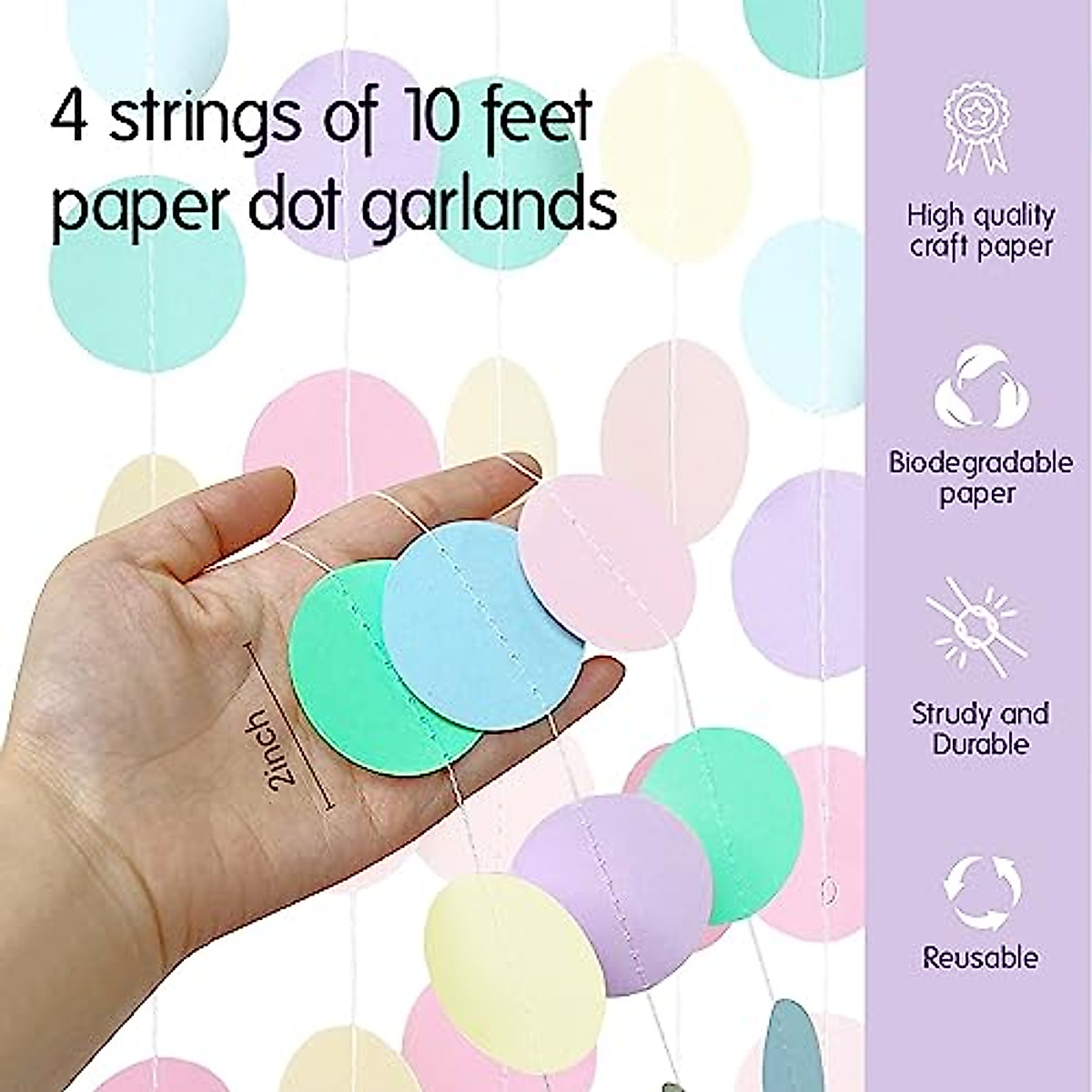 Circle Dots Paper Party Garland Streamer Backdrop (4-Pack, 10 Feet Per Garland, 40 Feet Total) - Unicorn Pastel