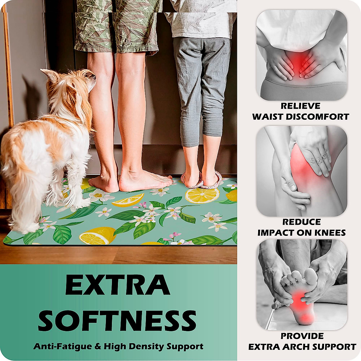 Lemon Kitchen Mat Set 2 PCS Anti Fatigue Lemon and Leaf Kitchen Rugs Waterproof Cushioned PVC Leather Runner Rug Non Slip Comfort Standing Floor Mats for Kitchen, Home, Sink 17.3" x 28" + 17.3" x 47"